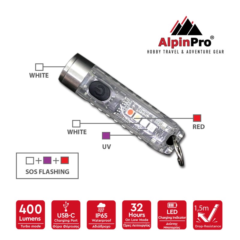 Φακός Mπρελόκ Tiny της AlpinPro 400lm White (S11-WT) - SECURELAND
